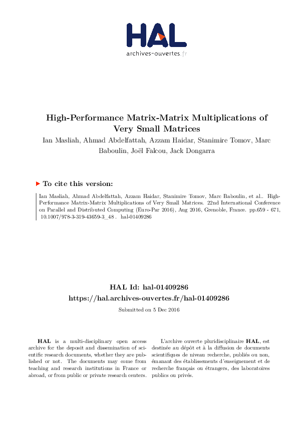 (PDF) High-Performance Matrix-Matrix Multiplications of Very Small Matrices