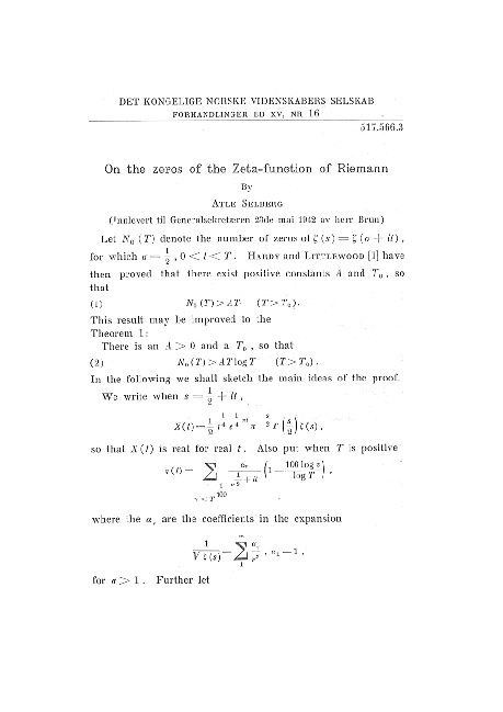 (PDF) Atle Selberg On the zeros of the Zeta-function of Riemann
