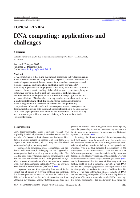 (PDF) DNA computing: applications and challenges