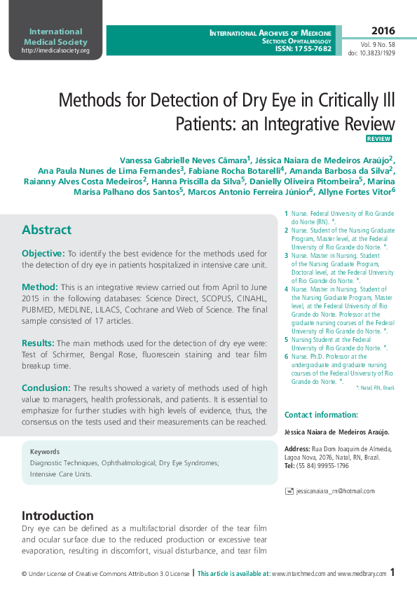 (PDF) Methods for detection of dry eye in critically ill patients: An ...
