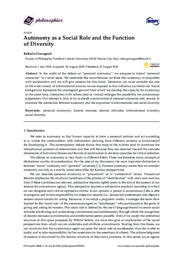(PDF) Autonomy as a Social Role and the Function of Diversity