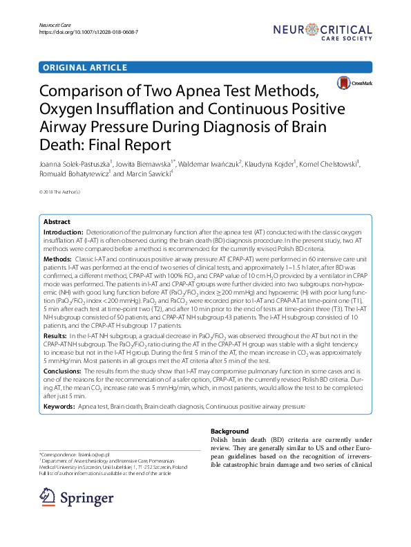 (PDF) Comparison of Two Apnea Test Methods, Oxygen Insufflation and ...