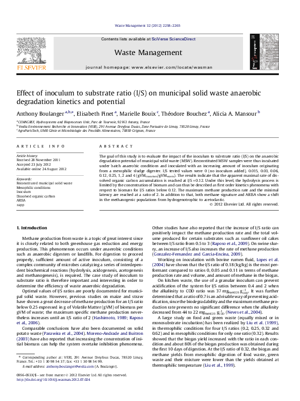 (PDF) Effect of inoculum to substrate ratio (I/S) on municipal solid waste anaerobic degradation ...