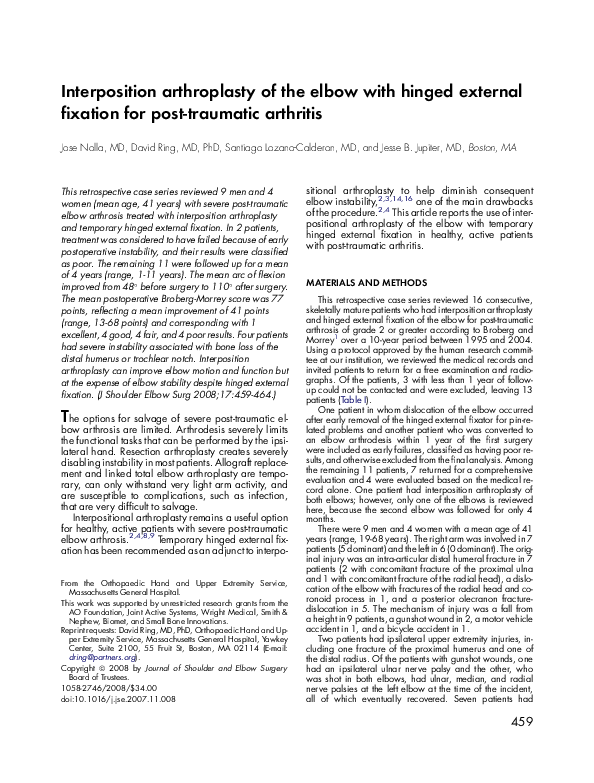 (PDF) Interposition arthroplasty of the elbow with hinged external ...