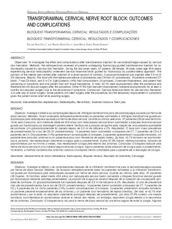 (PDF) Transforaminal Cervical Nerve Root Block: Outcomes and Complications