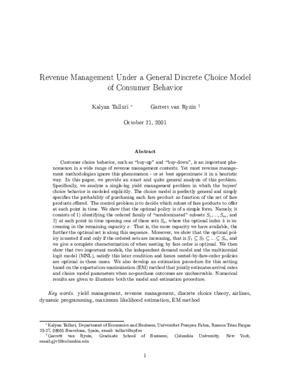 (PDF) Revenue management under general discrete choice model of consumer behavior | Garrett van ...