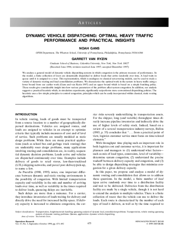(PDF) Dynamic Vehicle Dispatching: Optimal Heavy Traffic Performance and Practical Insights