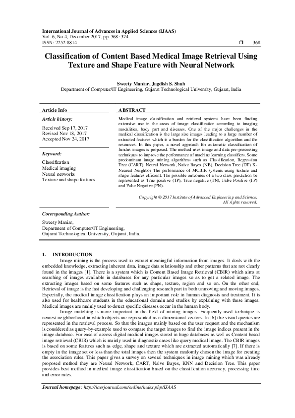 Pdf Classification Of Content Based Medical Image Retrieval Using Texture And Shape Feature