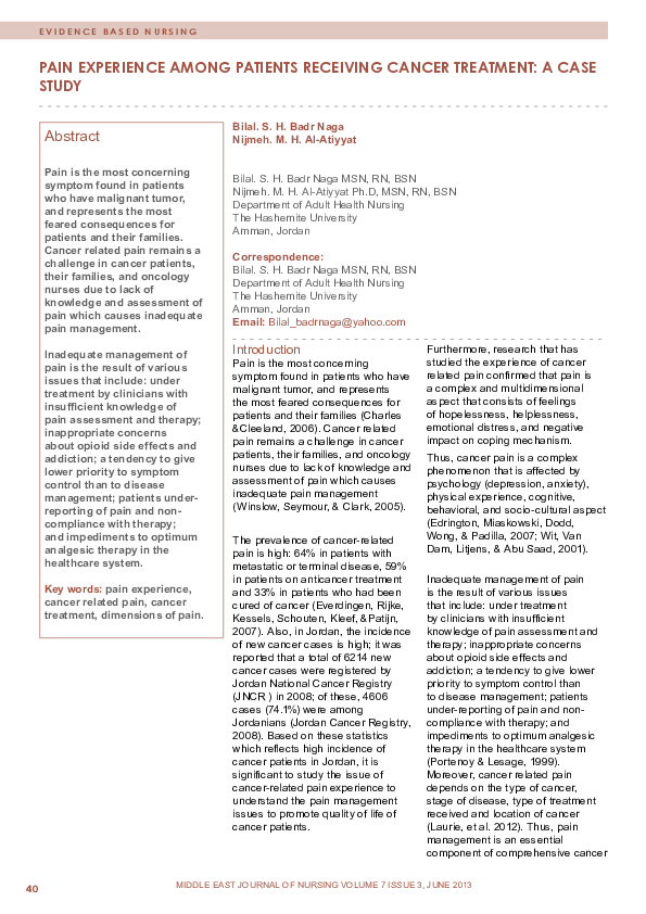 (PDF) Pain Experience among Patients Receiving Cancer Treatment : A ...