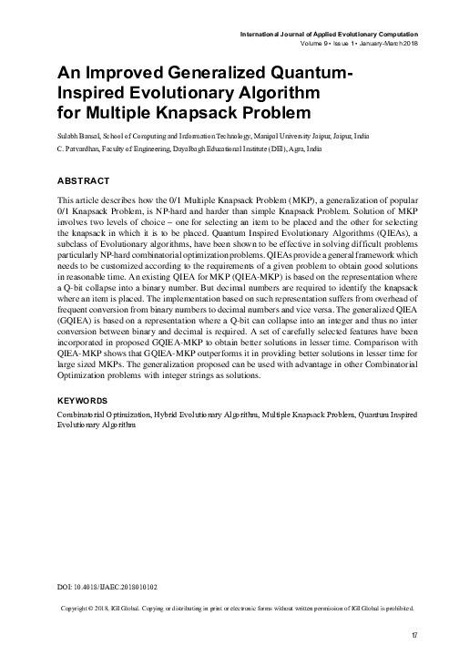 (PDF) An Improved Generalized Quantum-Inspired Evolutionary Algorithm for Multiple Knapsack Problem
