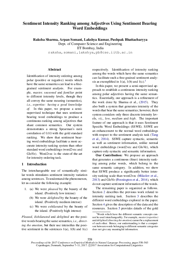 (PDF) Sentiment Intensity Ranking among Adjectives Using Sentiment Bearing Word Embeddings
