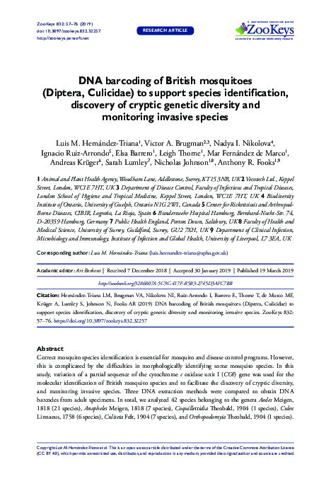 (PDF) DNA barcoding of British mosquitoes (Diptera, Culicidae) to ...