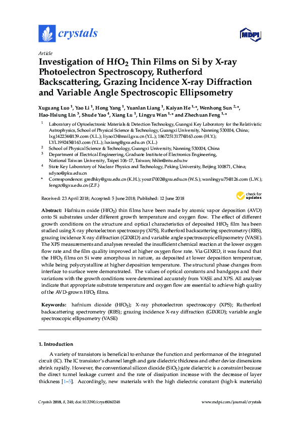 (PDF) Investigation of HfO2 Thin Films on Si by X-ray Photoelectron ...