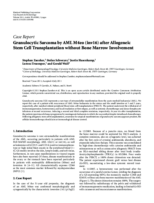 (PDF) Granulocytic Sarcoma by AML M4eo (inv16) after Allogeneic Stem ...