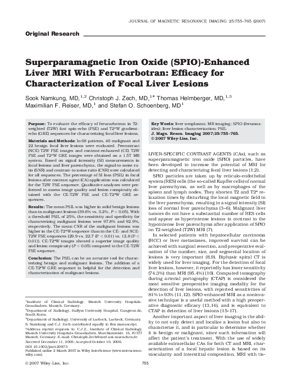 (PDF) Superparamagnetic iron oxide (SPIO)-enhanced liver MRI with ...