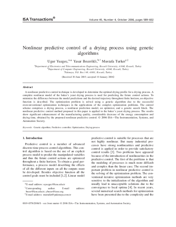 Pdf Nonlinear Predictive Control Of A Drying Process Using Genetic Algorithms 