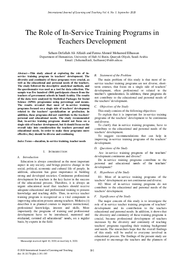 (PDF) The Role of In-Service Training Programs in Teachers Development