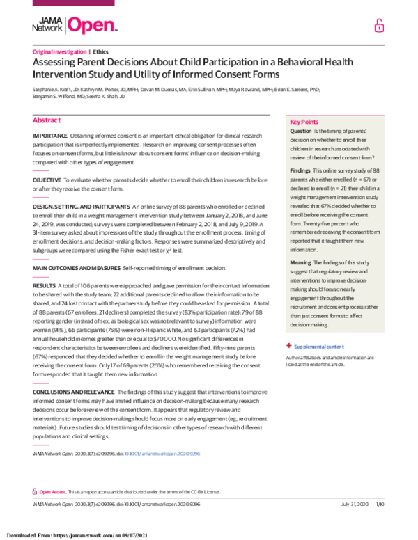 (PDF) Assessing Parent Decisions About Child Participation in a ...