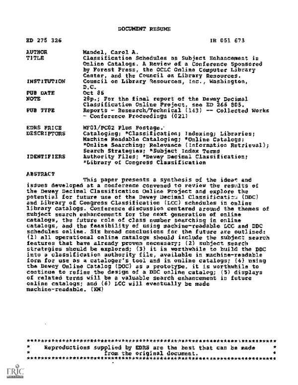 (PDF) Classification Schedules as Subject Enhancement in Online ...