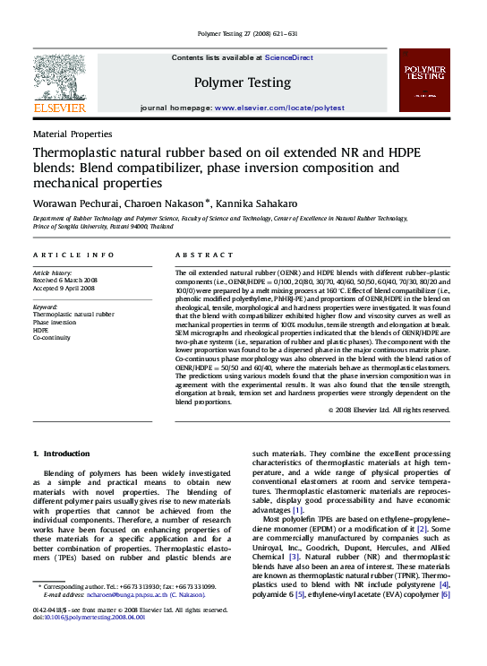 (PDF) Thermoplastic natural rubber based on oil extended NR and HDPE ...