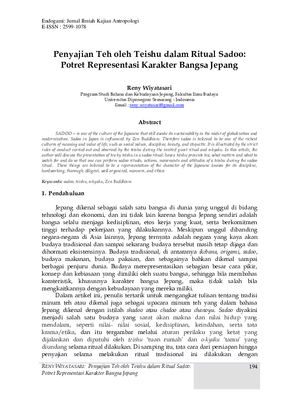 (PDF) Penyajian Teh oleh Teishu dalam Ritual Sadoo: Potret Representasi ...