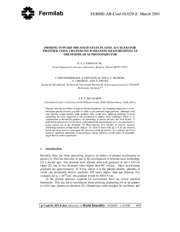(PDF) Probing Toward the Solid State Plasma Accelerator Frontier Using Channeling Radiation ...