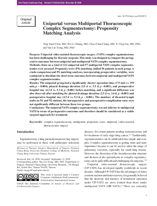 Pdf Uniportal Versus Multiportal Thoracoscopic Complex Segmentectomy