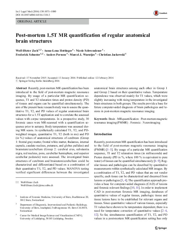 (PDF) Post-mortem 1.5T MR quantification of regular anatomical brain ...