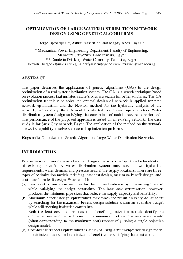 (PDF) Optimization of Large Water Distribution Network Design using Genetic Algorithms