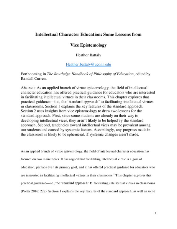 (PDF) Intellectual Character Education: Some Lessons from Vice Epistemology