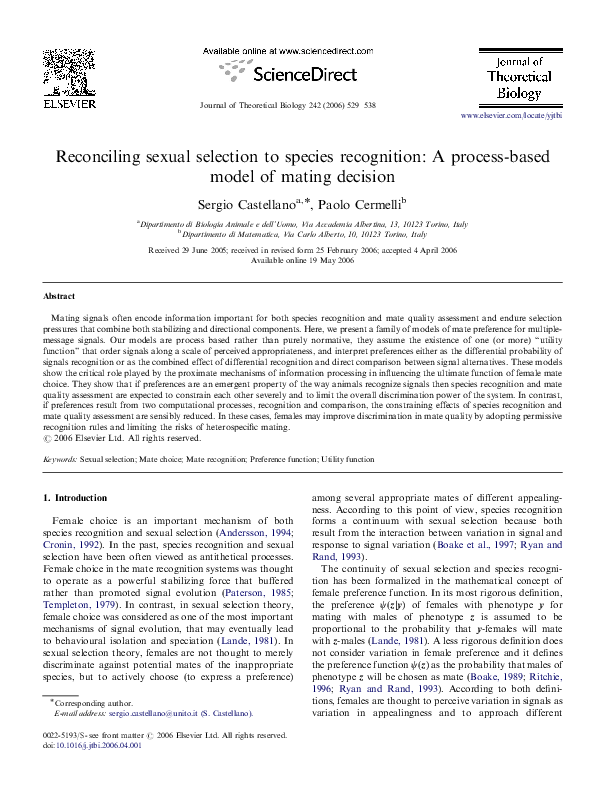 Pdf Reconciling Sexual Selection To Species Recognition A Process Based Model Of Mating Decision