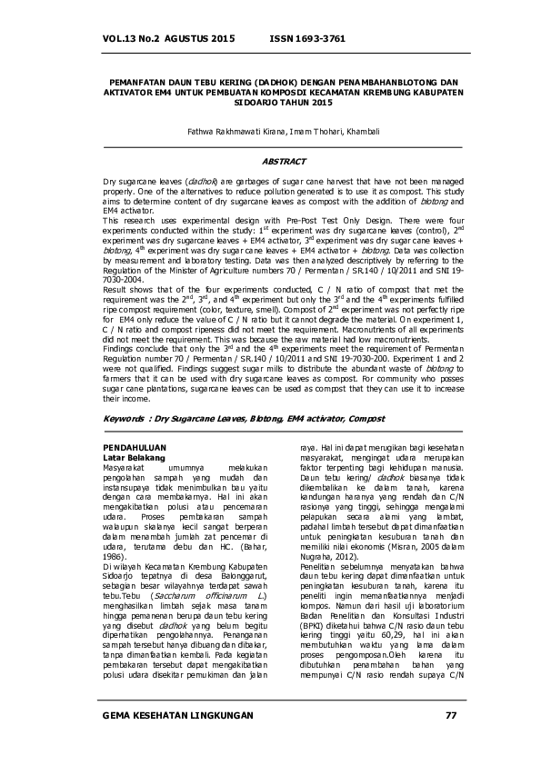 (PDF) Pemanfatan Daun Tebu Kering (Dadhok) Dengan Penambahanblotong Dan ...