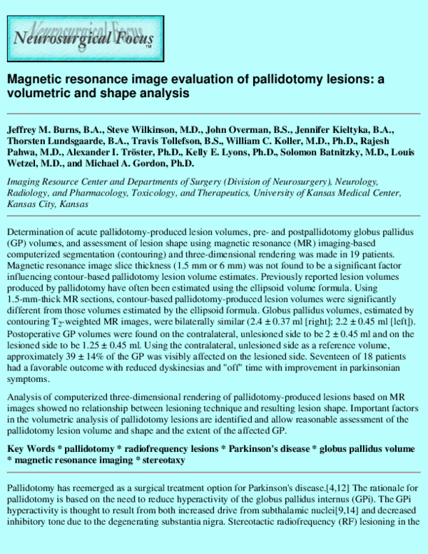 (PDF) Magnetic resonance image evaluation of pallidotomy lesions: a ...