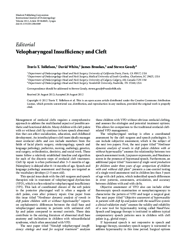 (PDF) Velopharyngeal Insufficiency and Cleft