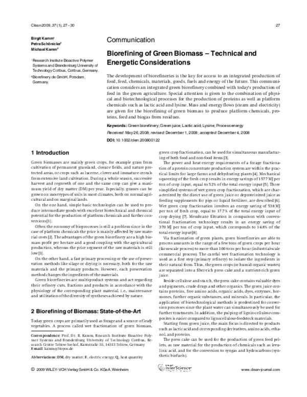 (PDF) Biorefining of Green Biomass - Technical and Energetic Considerations