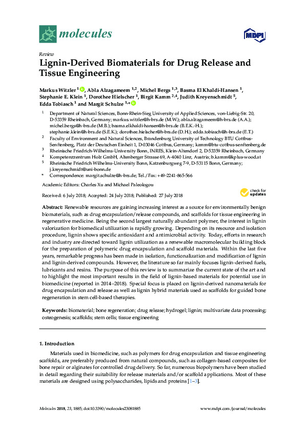 (PDF) Lignin-Derived Biomaterials for Drug Release and Tissue Engineering