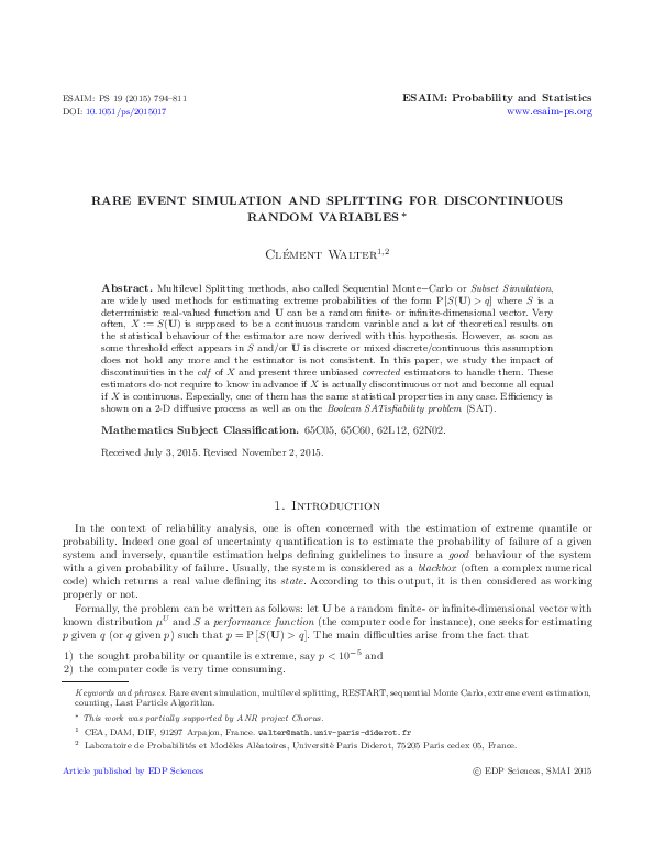 (PDF) Rare event simulation and splitting for discontinuous random variables