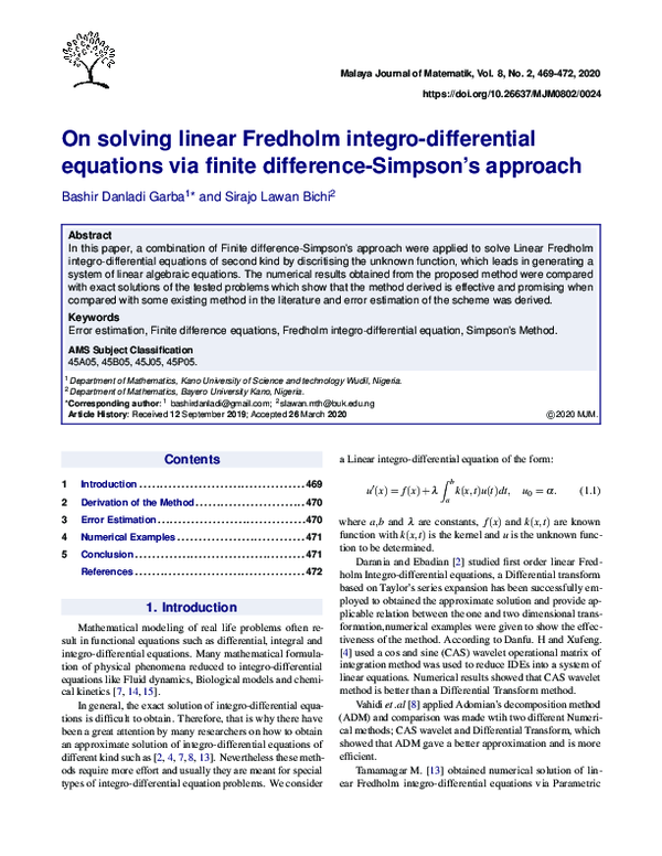 Pdf On Solving Linear Fredholm Integro Differential Equations Via Finite Difference Simpsons