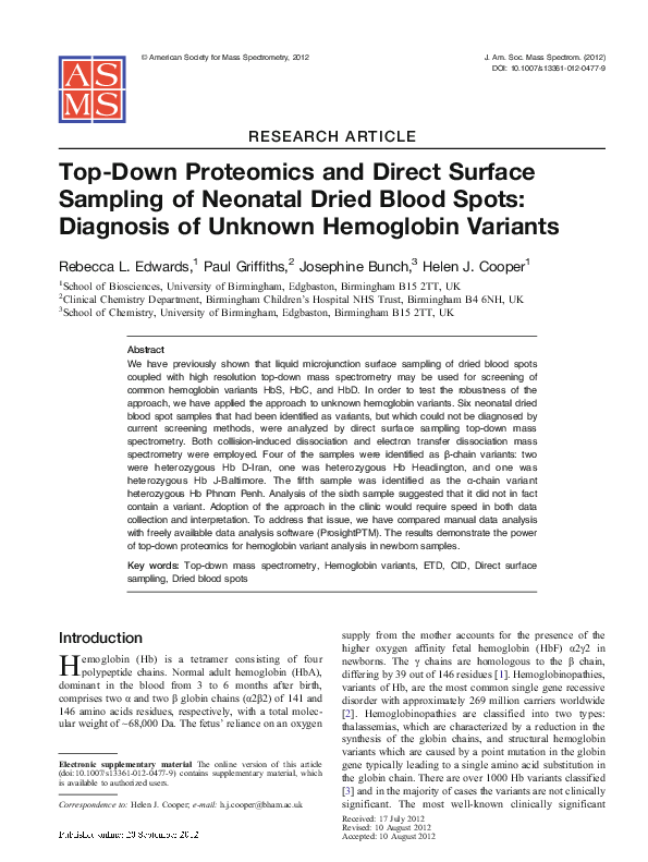 (PDF) Top-Down Proteomics and Direct Surface Sampling of Neonatal Dried ...
