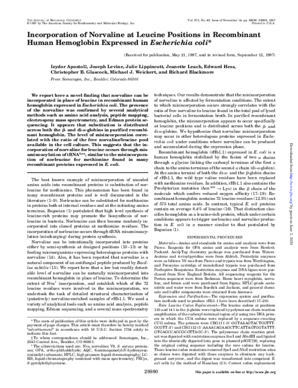 (PDF) Incorporation of Norvaline at Leucine Positions in Recombinant ...