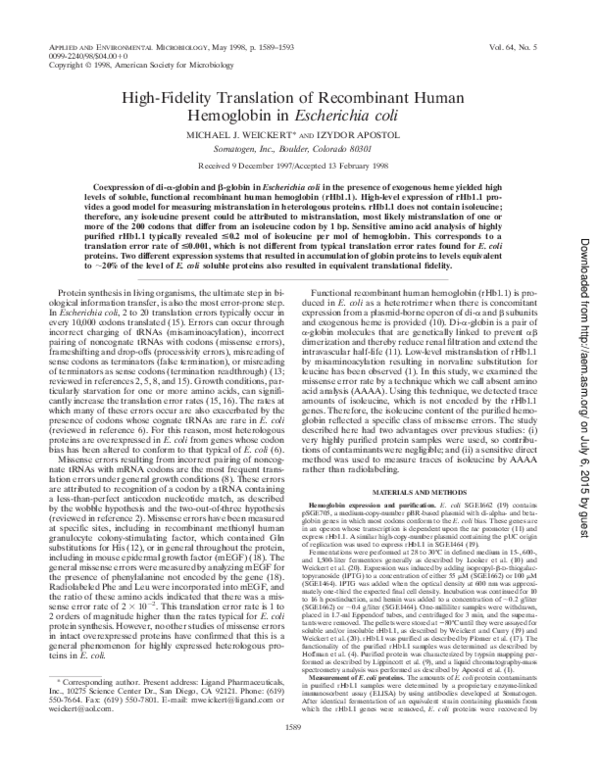 (PDF) High-fidelity translation of recombinant human hemoglobin in ...