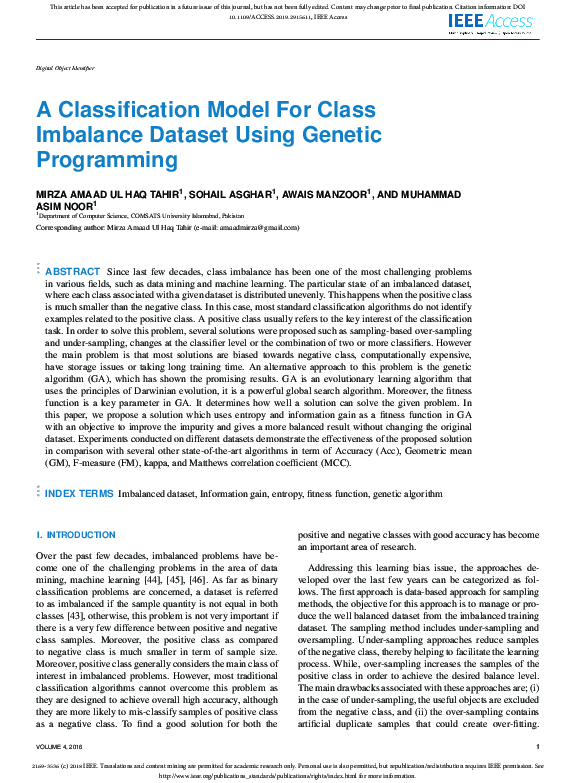 (PDF) A Classification Model For Class Imbalance Dataset Using Genetic Programming | Awais ...
