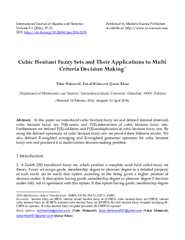 (PDF) Cubic Hesitant Fuzzy Sets and Their Applications to Multi Criteria Decision Making