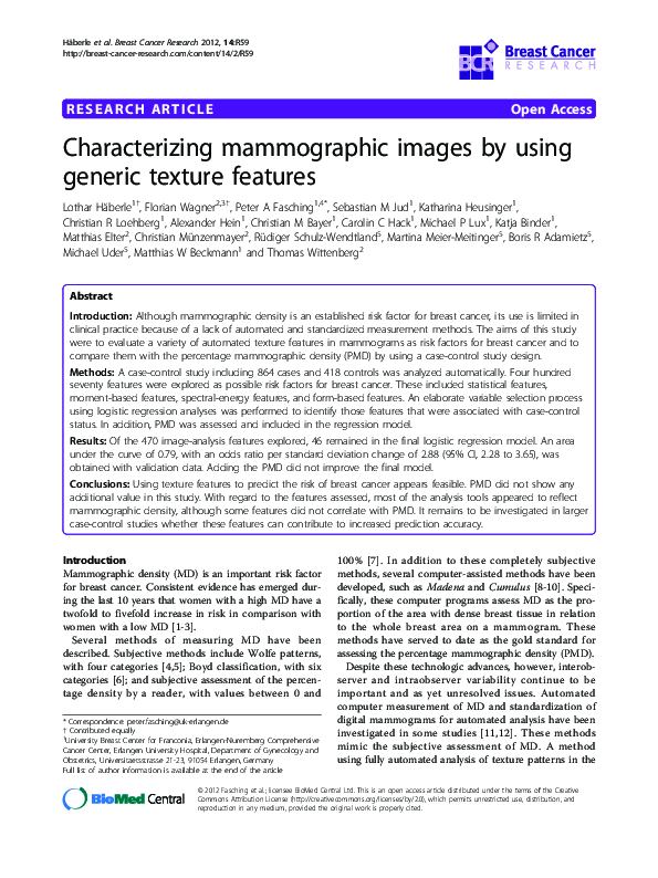 (PDF) Characterizing mammographic images by using generic texture features