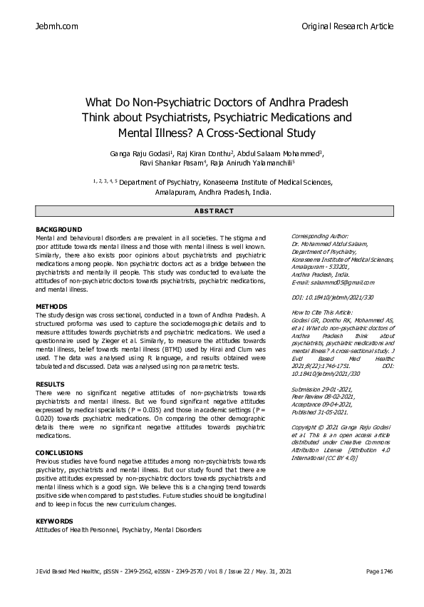 What Do Non-Psychiatric Doctors of Andhra Pradesh Think about ...
