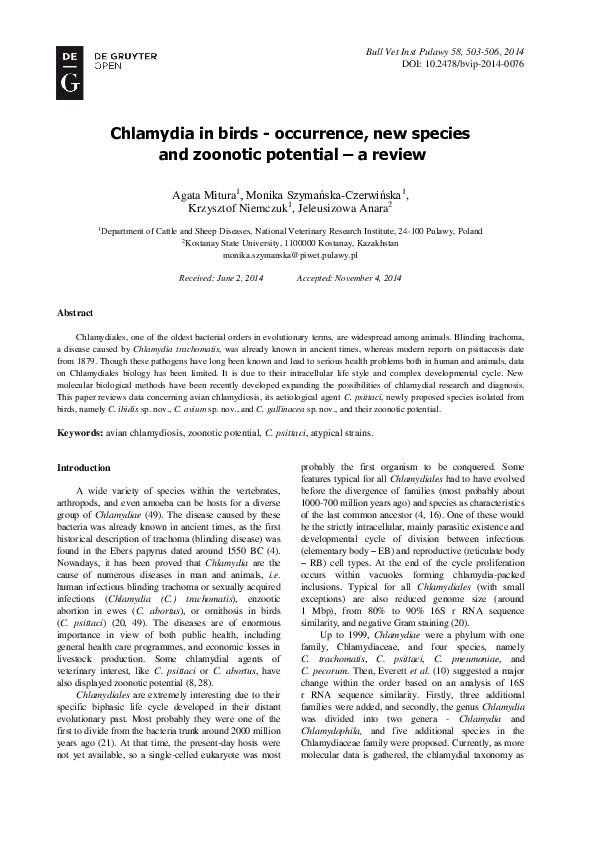 (PDF) Chlamydia in birds - occurrence, new species and zoonotic ...