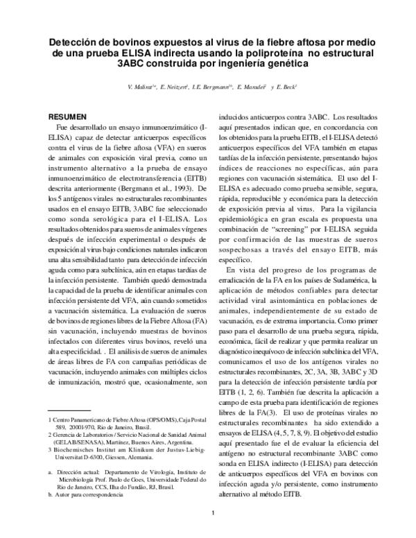 (PDF) Detección de bovinos expuestos al virus de la fiebre aftosa por ...