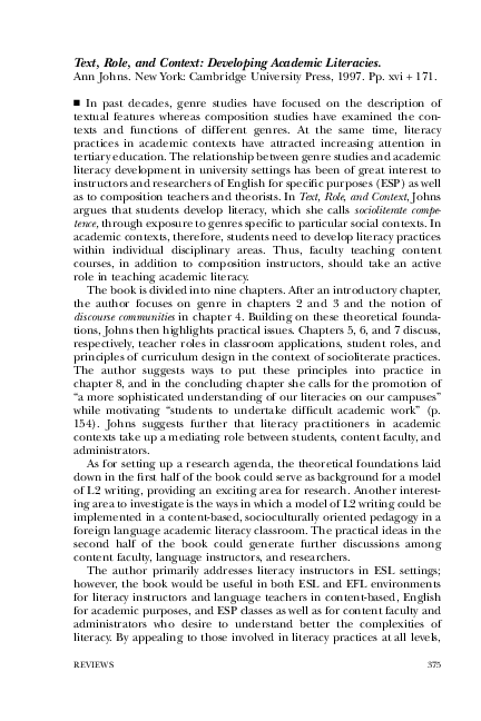 (PDF) Text, Role, and Context: Developing Academic Literacies