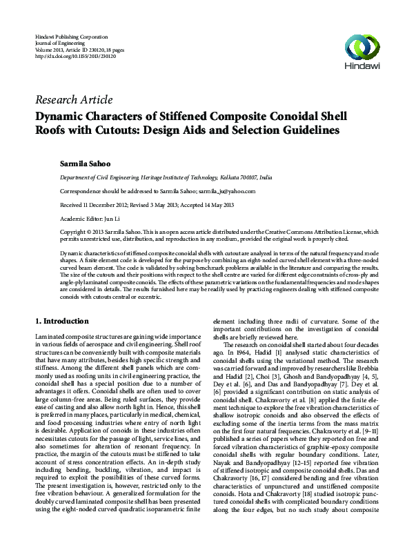(PDF) Dynamic Characters of Stiffened Composite Conoidal Shell Roofs ...