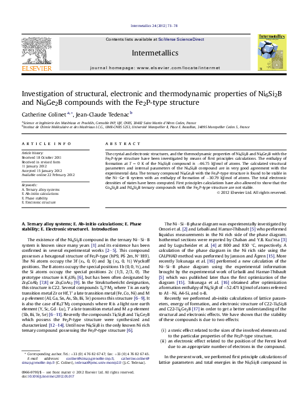 (PDF) Investigation of structural, electronic and thermodynamic properties of Ni6Si2B and ...